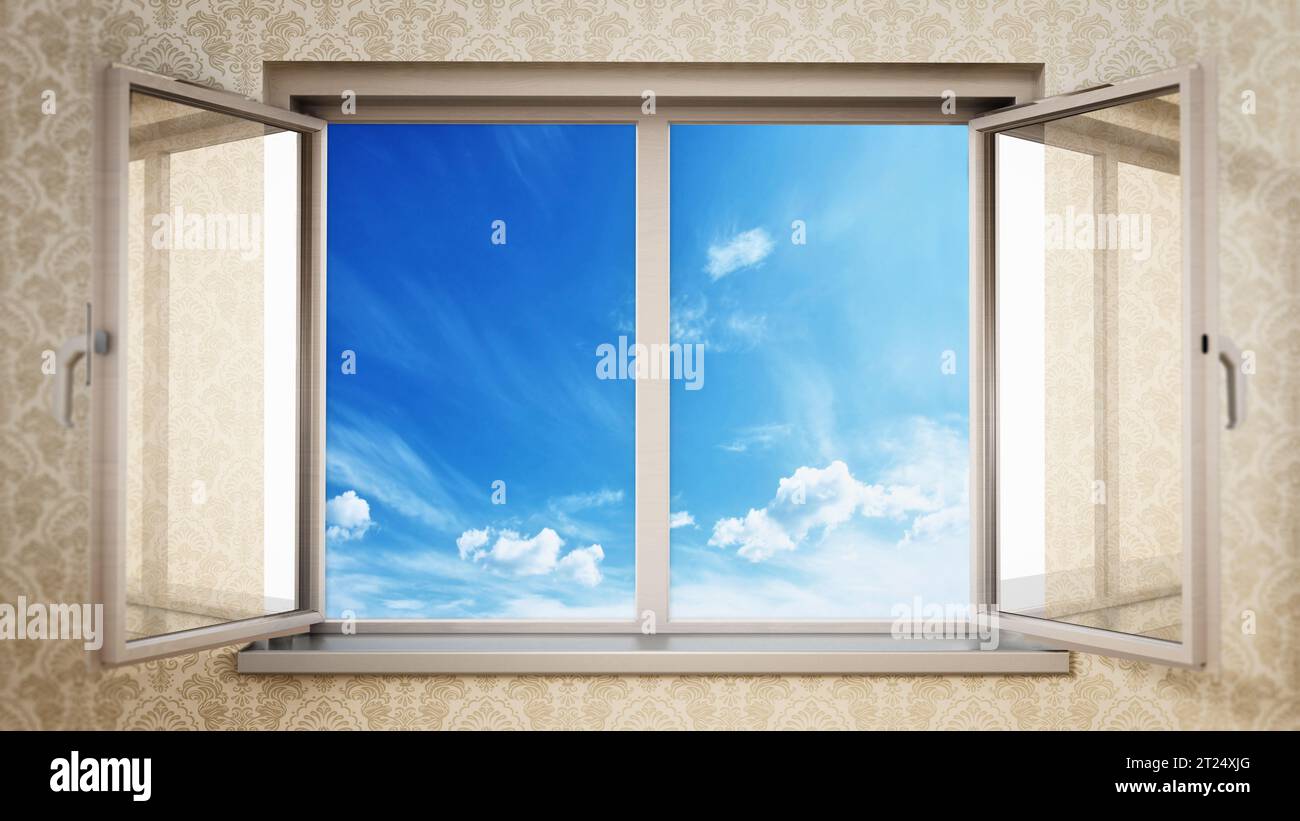 Half open windows inside an empty room opening to blue sky. 3D ...