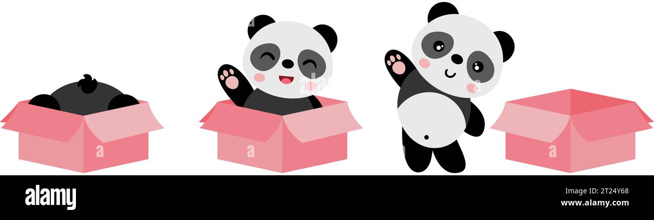 Cute panda in different positions going out a cardboard box Stock Photo ...