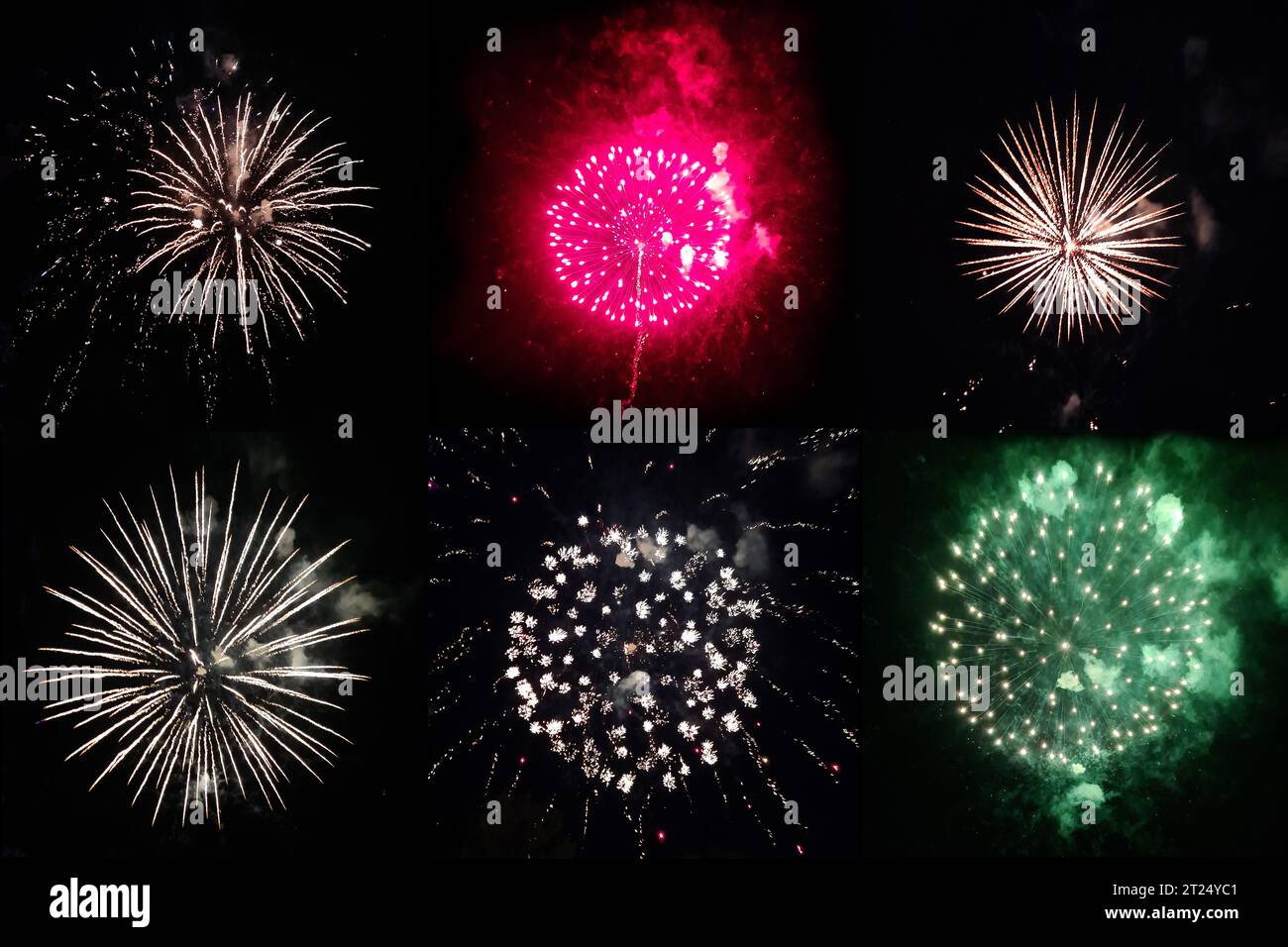 Set of festive real colorful firework round shapes on black background ...