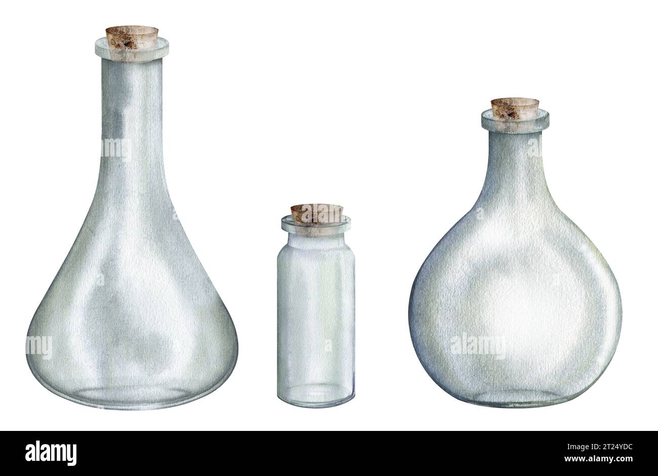 Set of glass jar, vase with wooden stopper, lid. Watercolor hand drawn ...