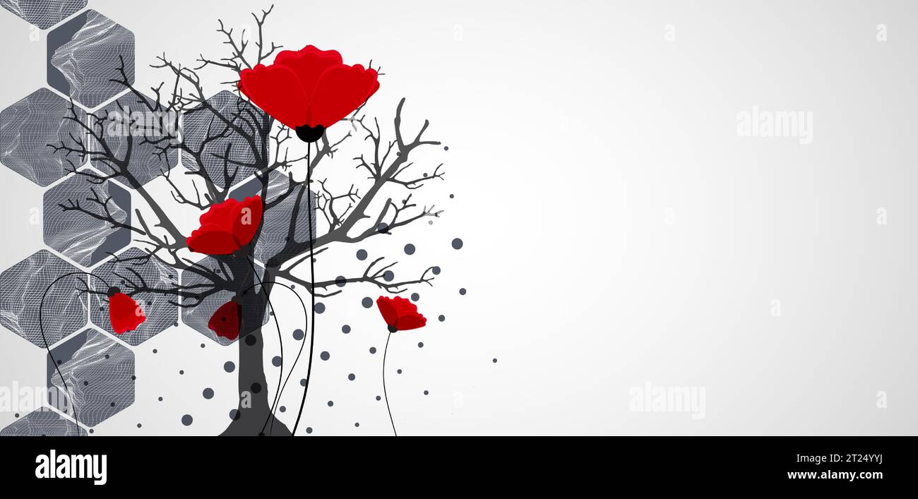 Art concept. Abstract mountains forms with Silhouette of a tree and red ...