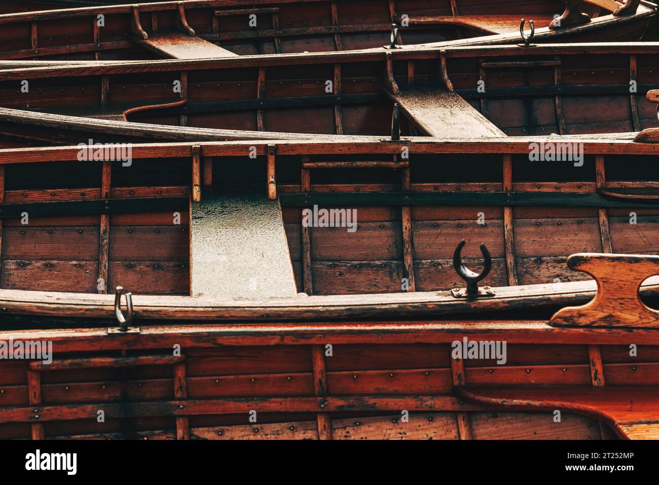 Wooden dinghy boats on Lake Bohinj in Slovenia, selective focus Stock ...