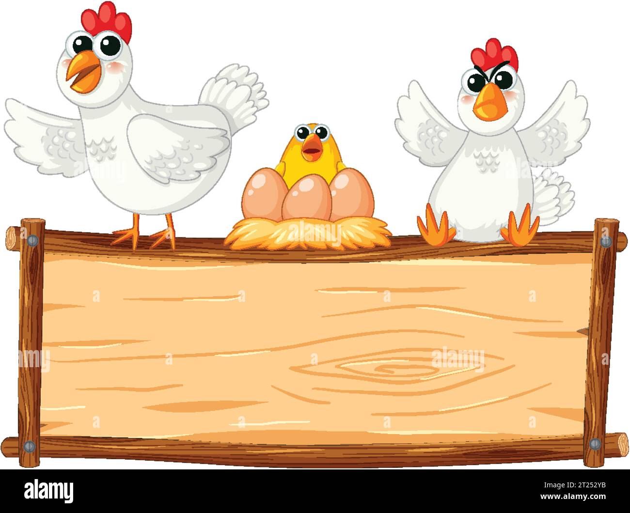 Vector cartoon illustration of a hen, eggs, and chick standing on a ...