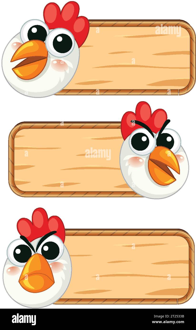 Vector cartoon illustration of a chicken head on a wooden frame Stock ...