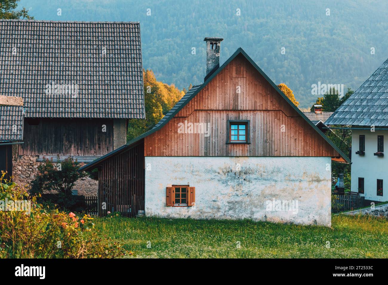 Alpine architecture, old village house in rural Slovenia in summer ...