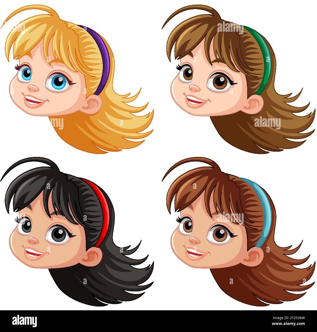 Set of girl cartoon head different hair colour illustration Stock ...