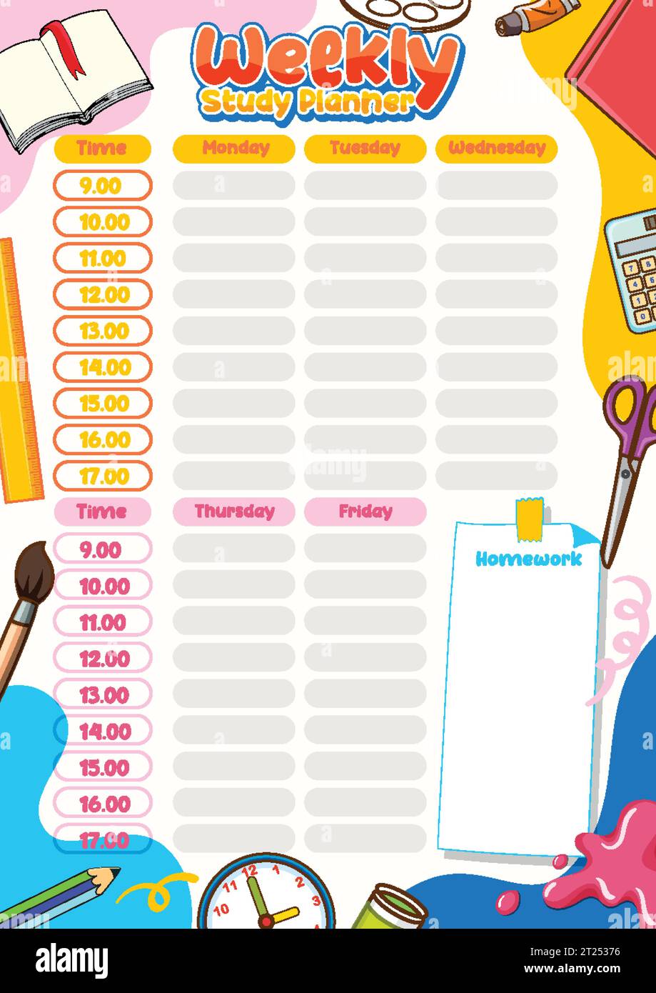 A vector cartoon illustration of a weekly lesson plan divided by hours ...