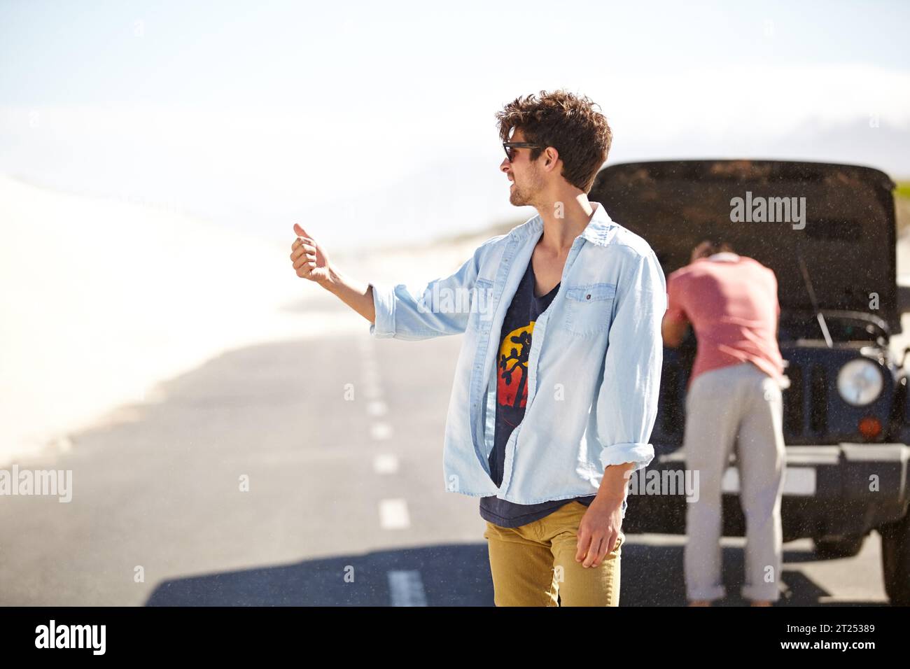 Men, car or thumbs up for breakdown or help on road trip with crisis ...