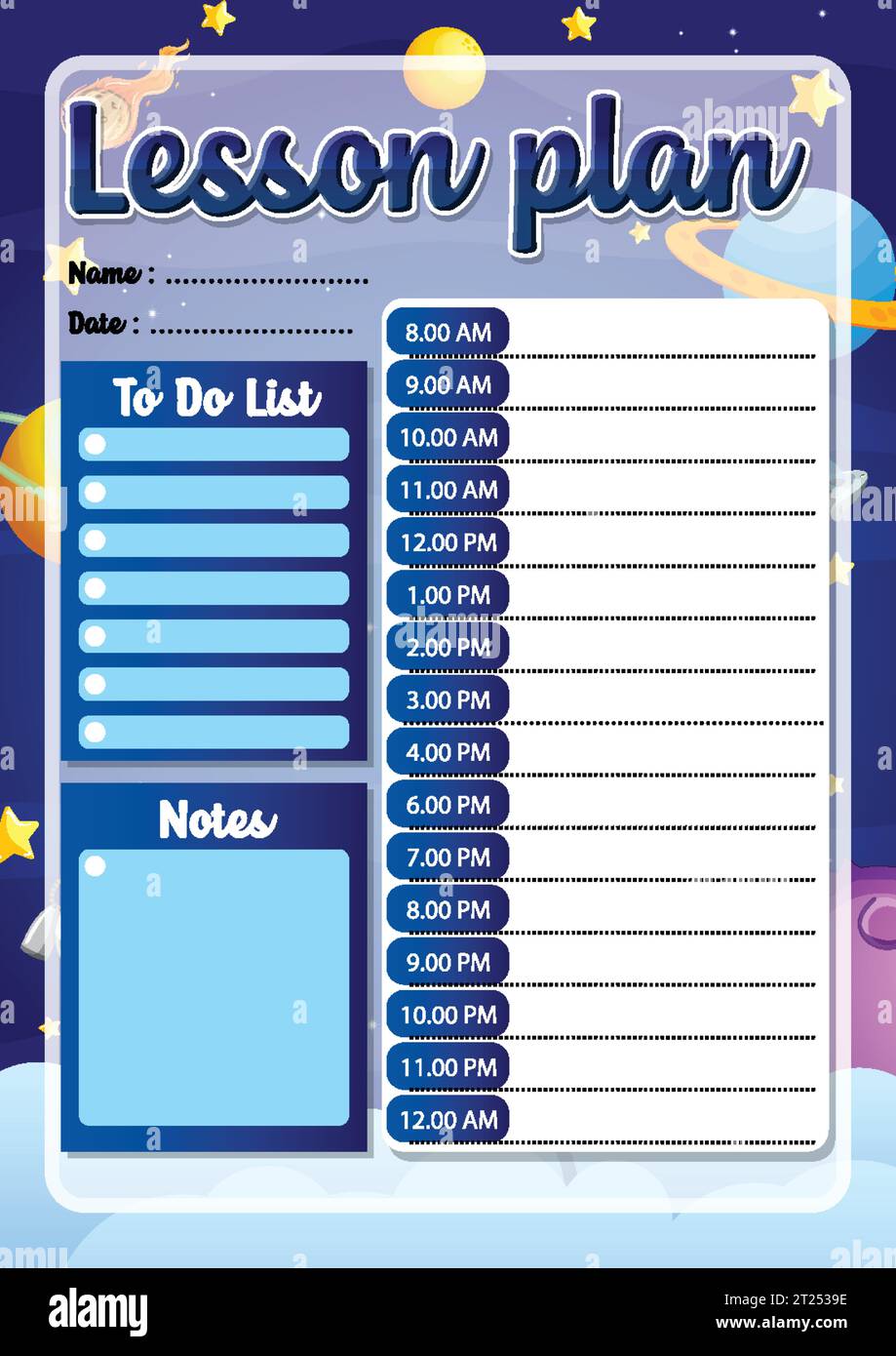 Cartoon illustration of a study plan with hourly schedul Stock Vector ...