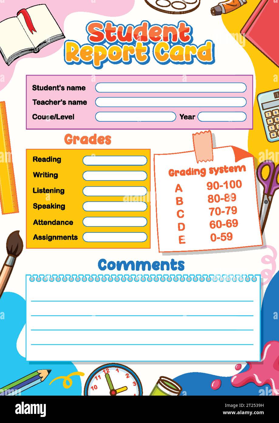 A printable report card template with a cartoon-style illustration for ...