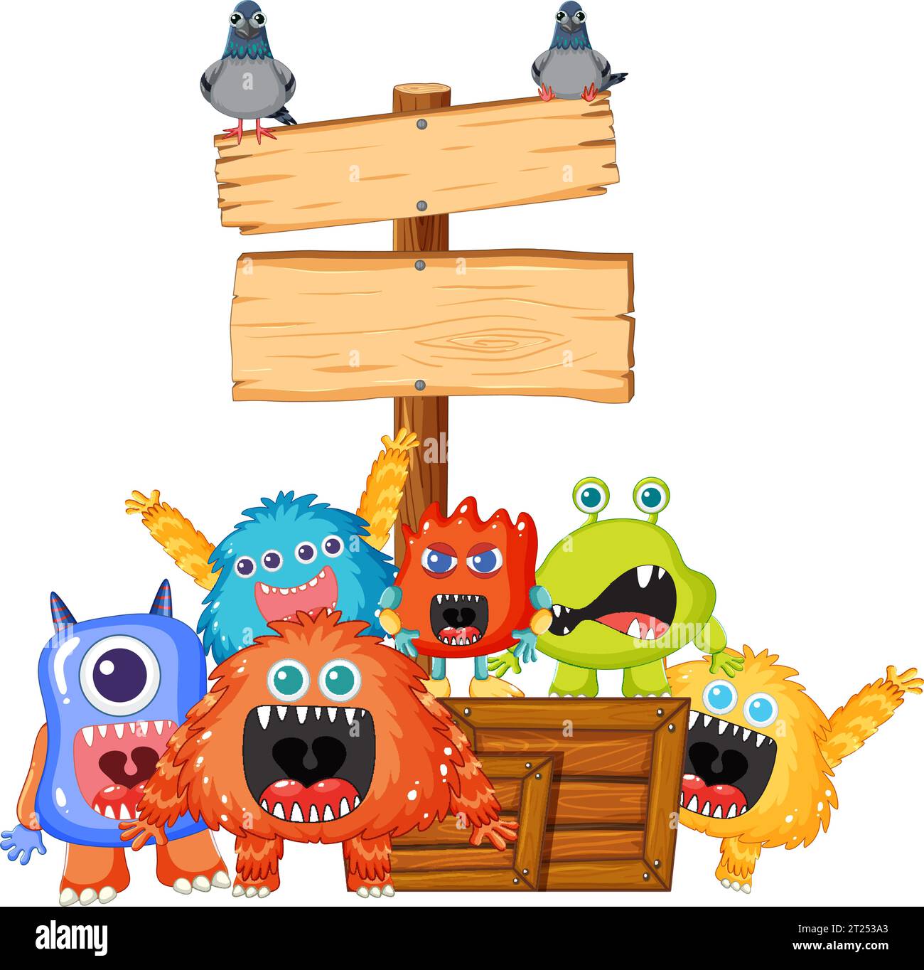 A vector cartoon illustration of adorable alien monsters pointing ...