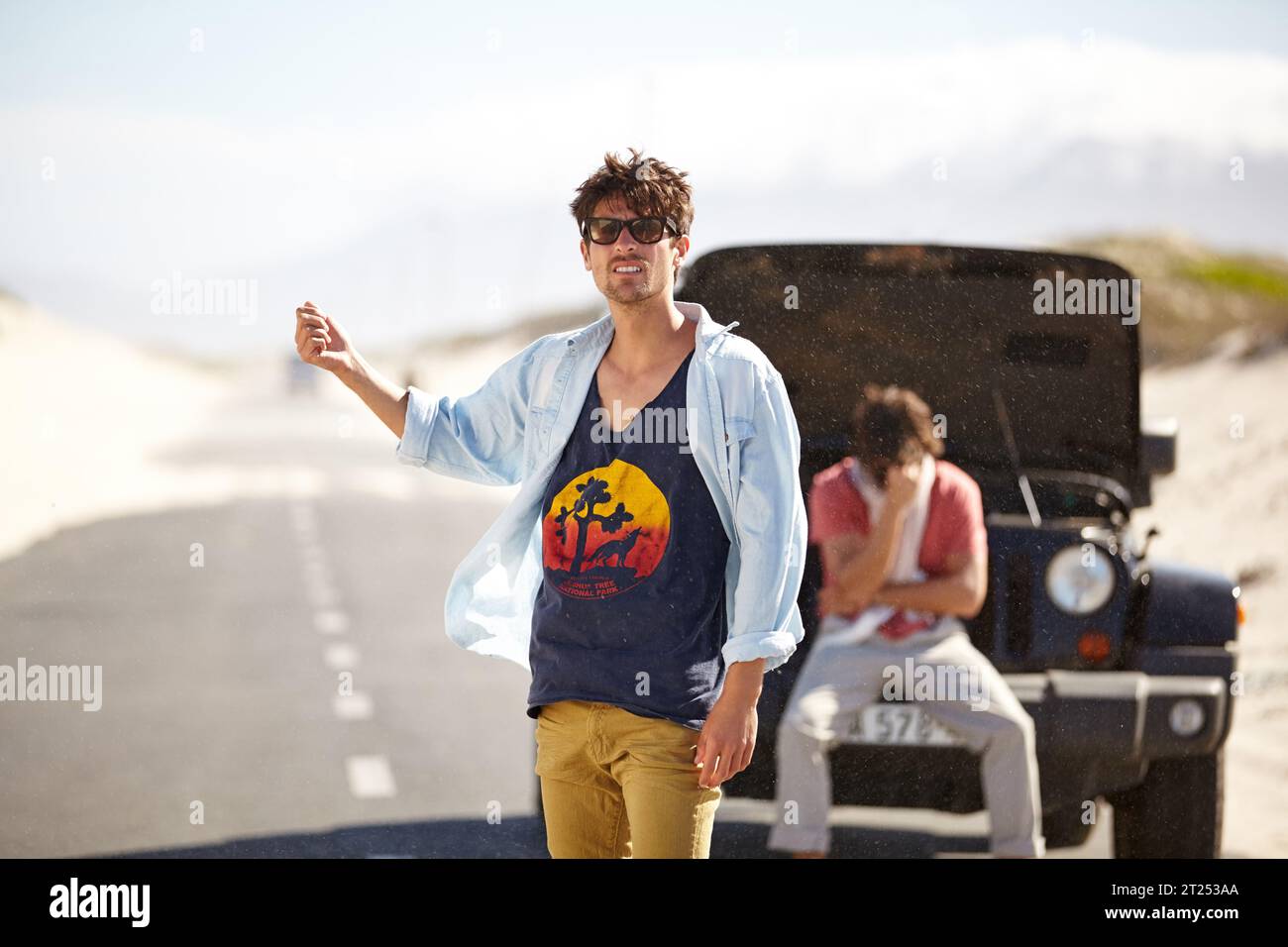 Men, car or thumbs up for breakdown outdoor with crisis, engine problem ...