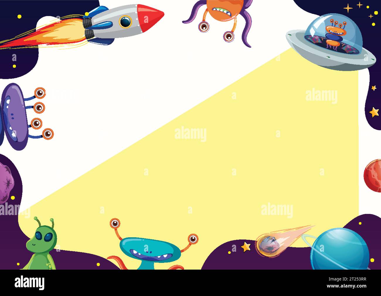 Printable template featuring a cute alien cartoon character against an ...