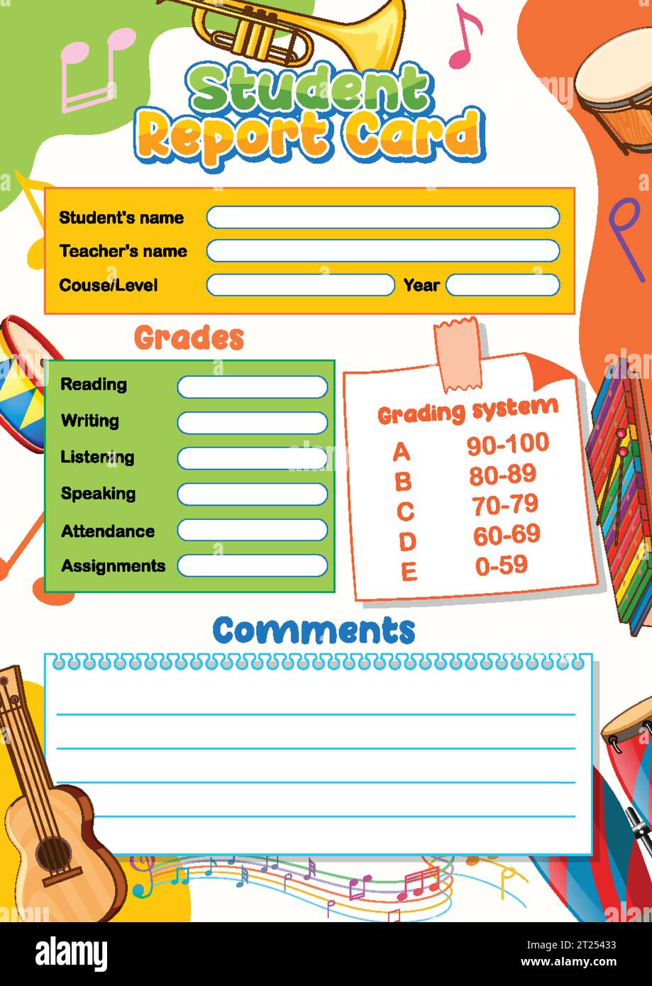A printable report card template with a cartoon-style music instruments ...