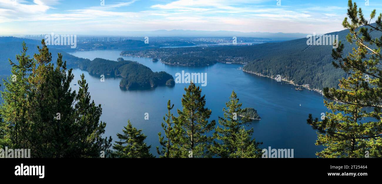 Aerial view of rural landscape and Burrard Inlet near Belcarra ...