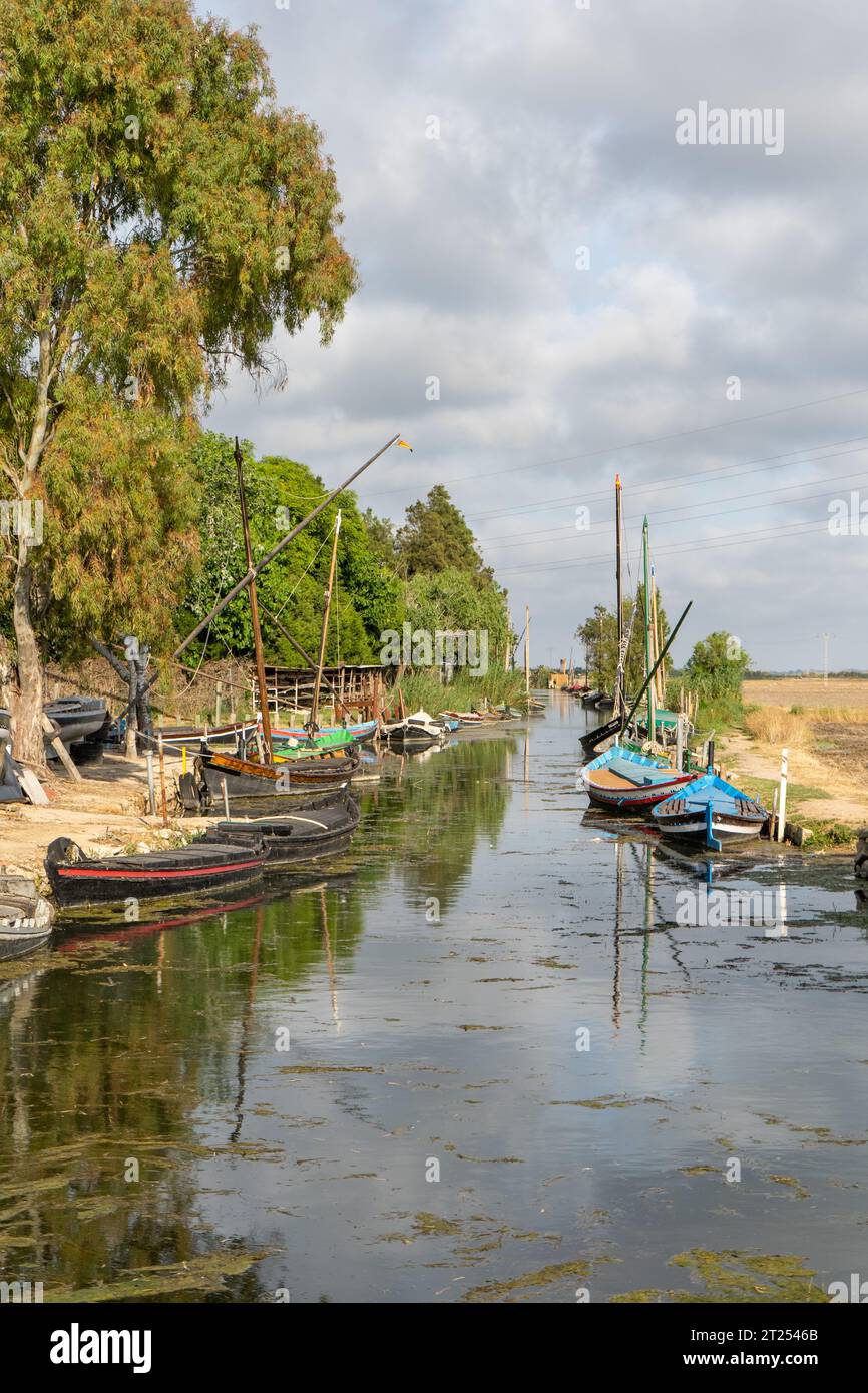Traditional lateen sail fishing boats moored in a canal known as the ...