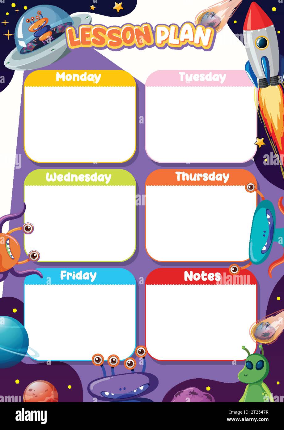 Printable vector cartoon illustration of a weekly lesson plan with ...