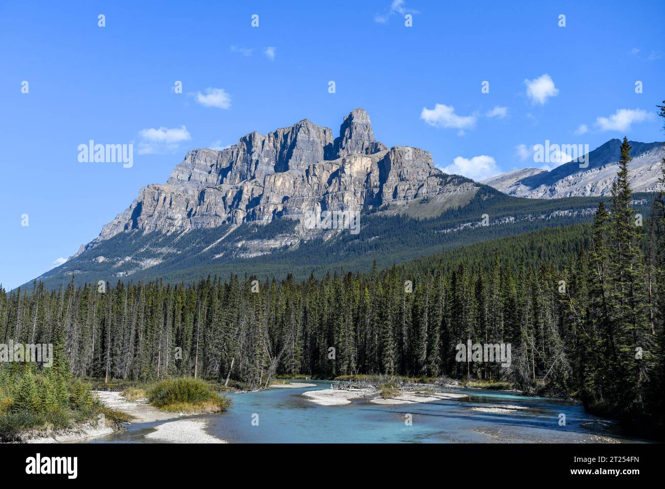 Rural landscape with Castle Mountain and Bow lake, Canadian Rockies ...