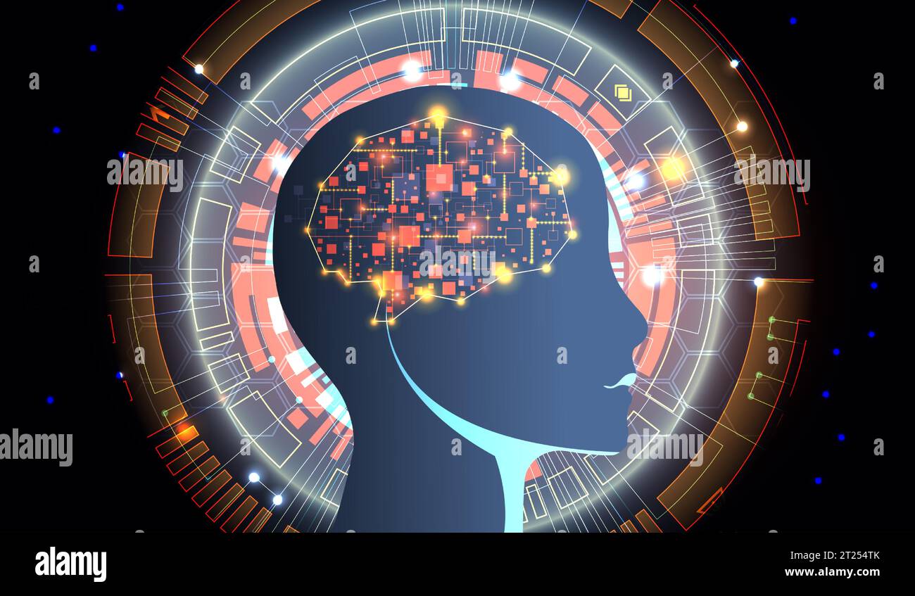 Artificial Intelligence. Technical background with a silhouette of a man. Big data concept ...