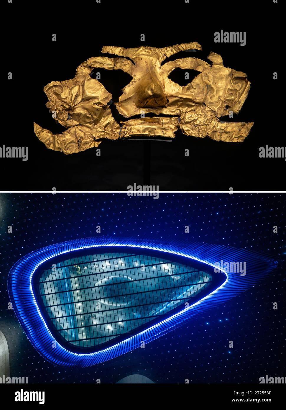 Chengdu. 16th Oct, 2023. This combo photo shows a golden mask at the ...