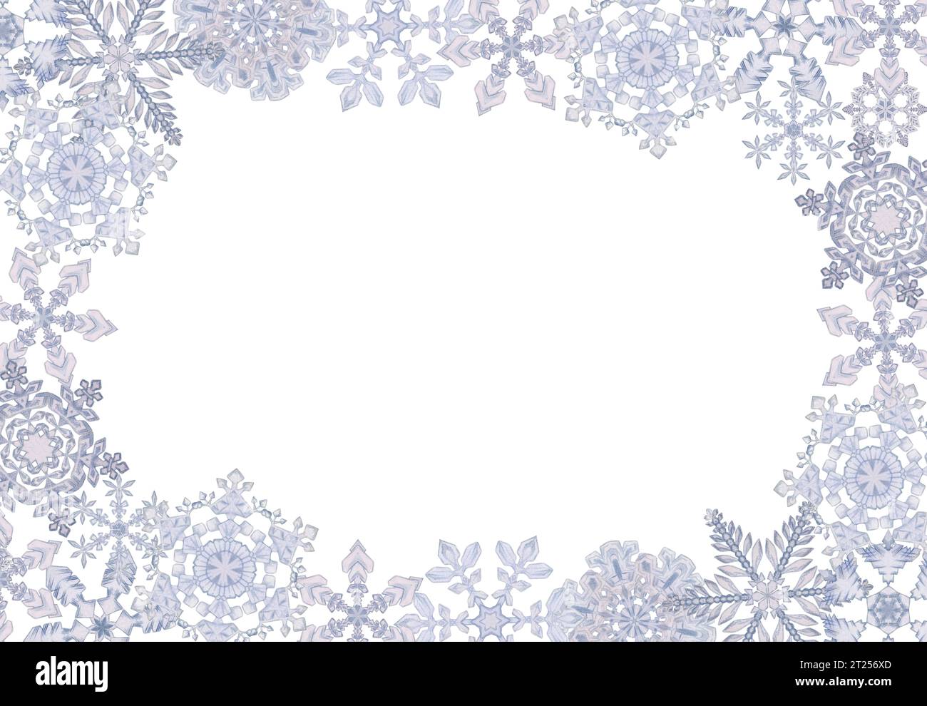 Hand drawn watercolor snowflakes, blue and silver water ice crystals ...