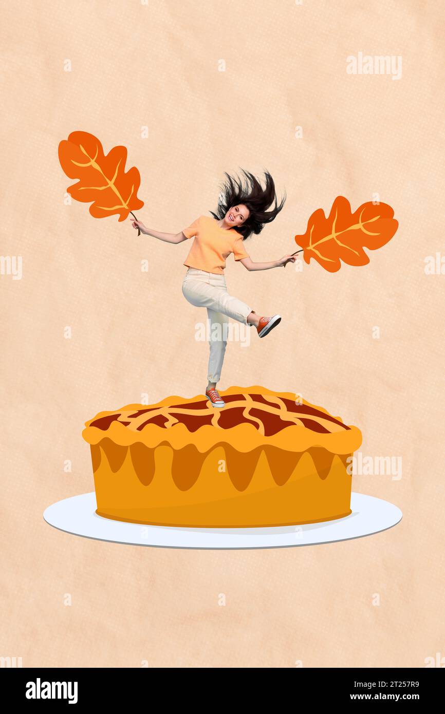 Vertical collage of excited mini girl arms hold big fallen leaves ...