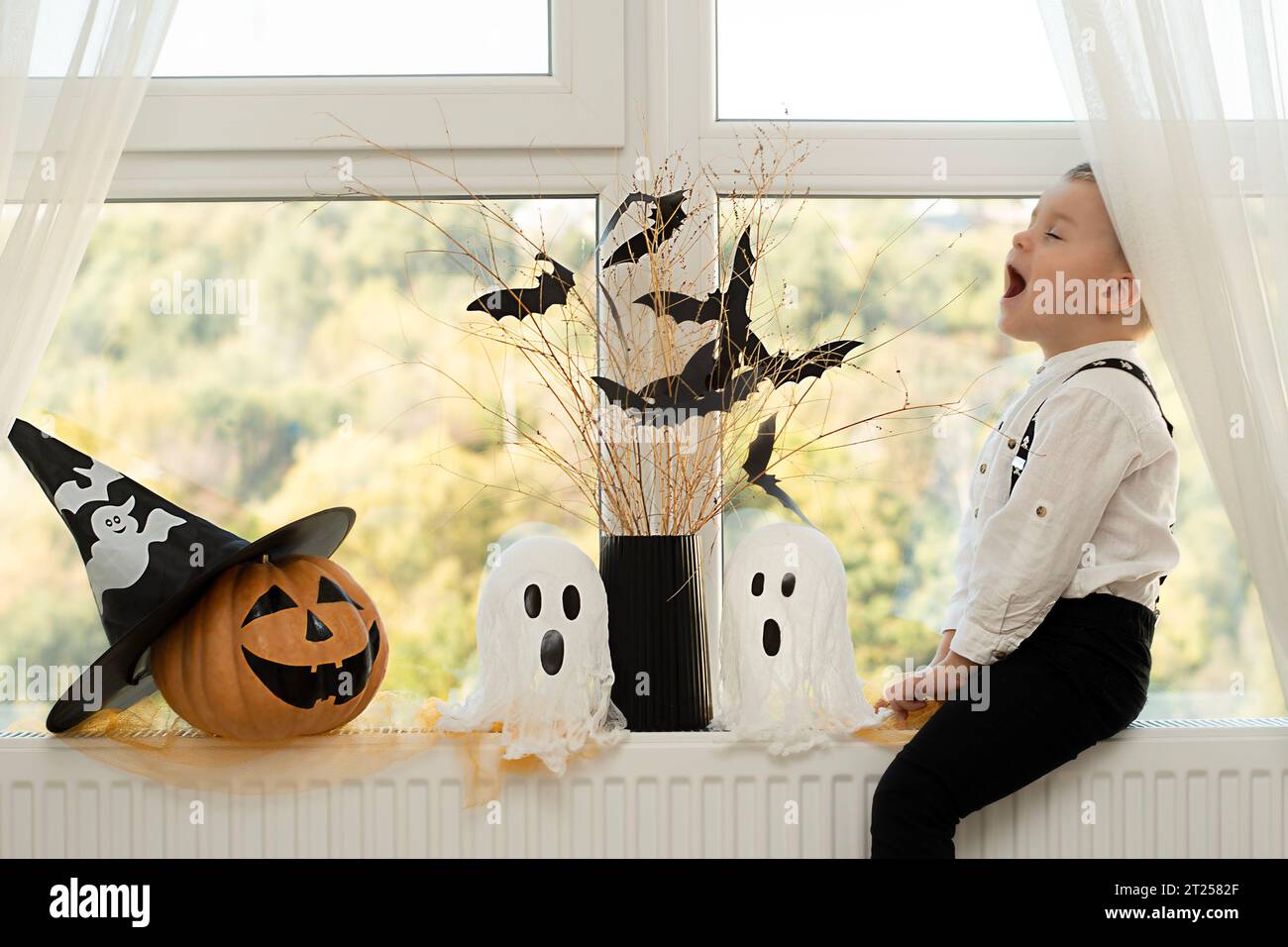 Halloween. Concept. A cute and cheerful boy sits near the window ...