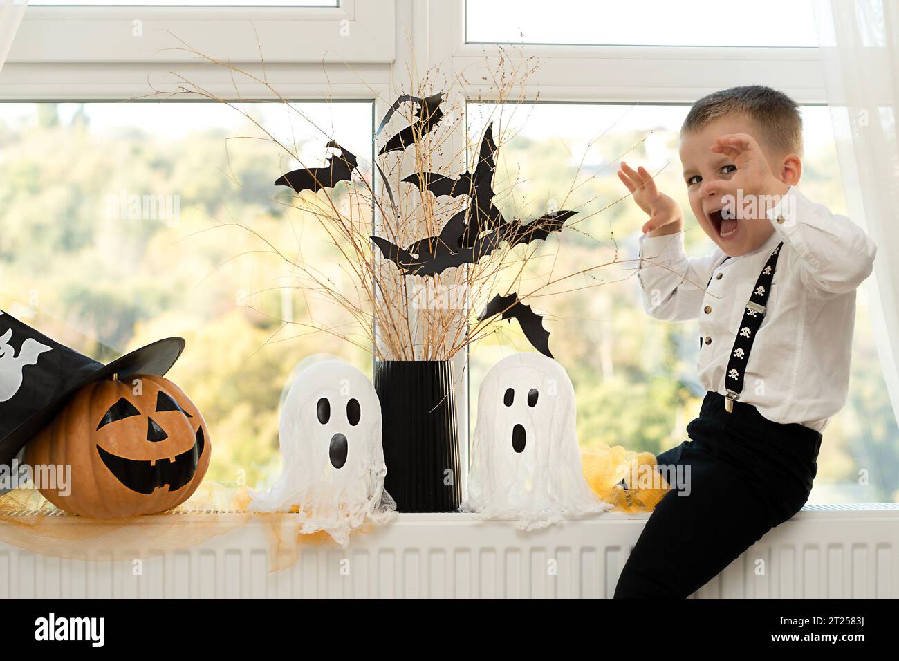Halloween. Concept. A cute and cheerful boy sits near the window ...