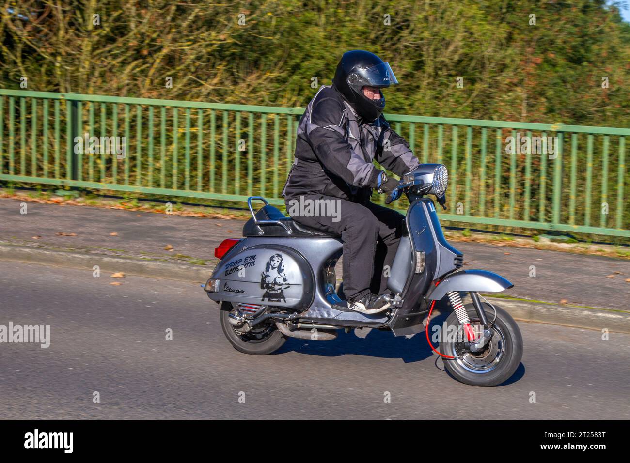 2004 Piaggio PX 125 (Vespa), Single Silver Motorcycle Scooter Petrol 124 cc; crossing motorway ...