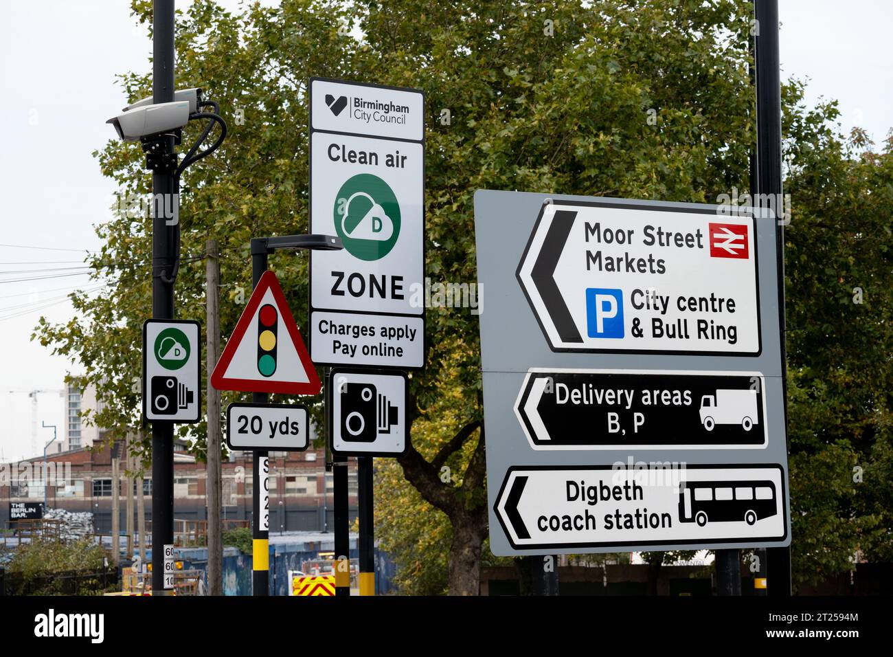 A clutter of road signs including a clean air zone sign, Birmingham, West Midlands, England, UK ...
