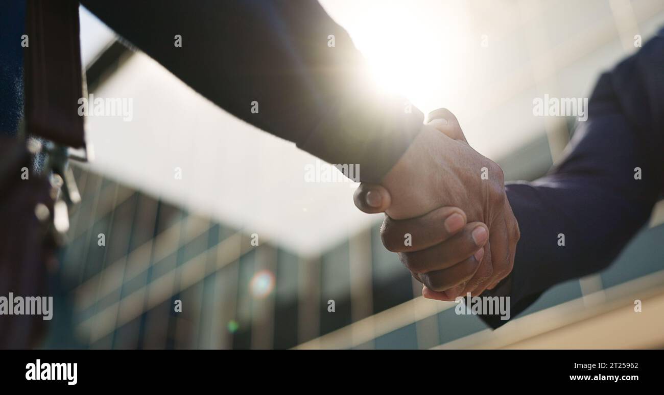 Handshake, meeting and business people in morning in city for career ...