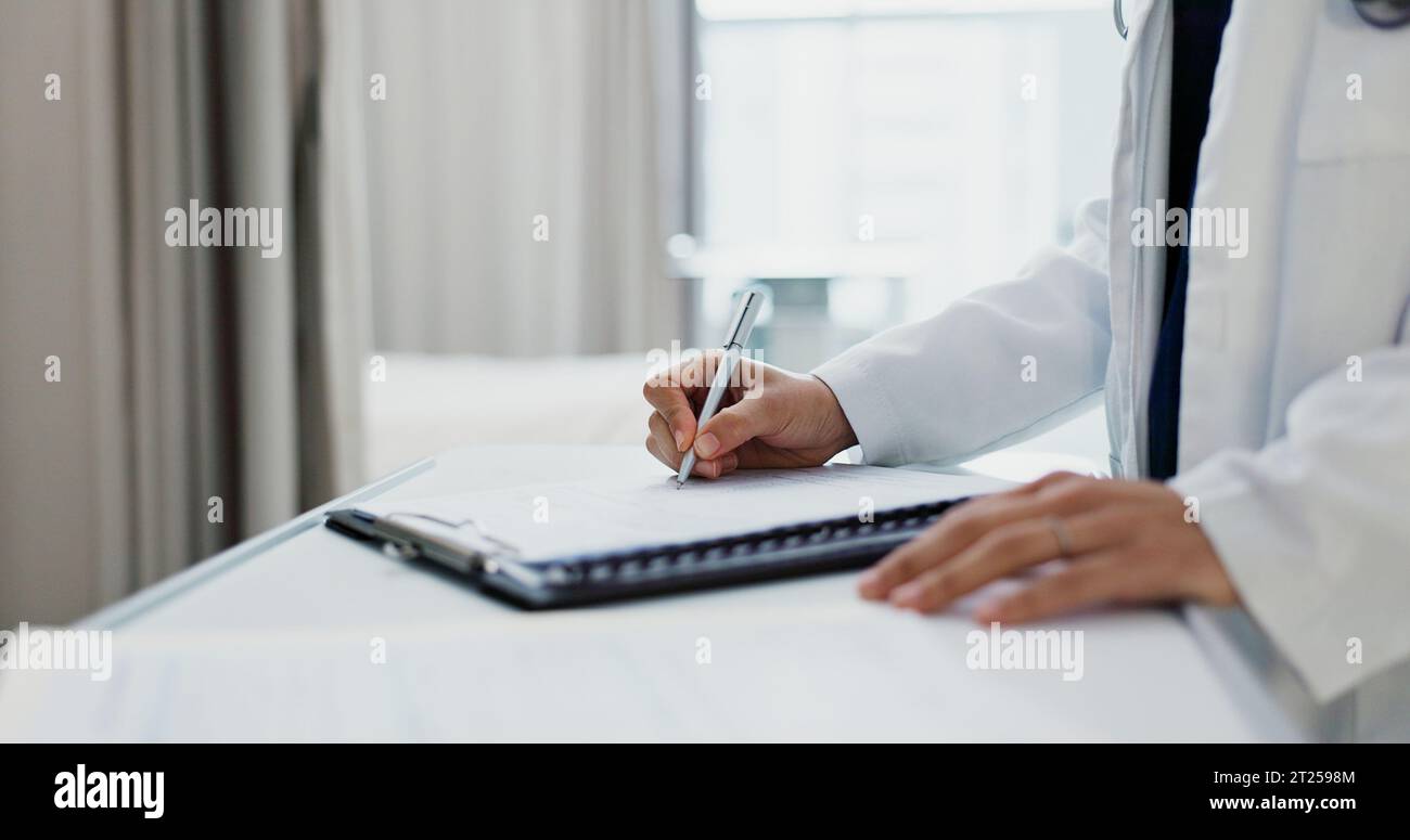 Doctor, hands and writing on checklist at desk for health, information ...