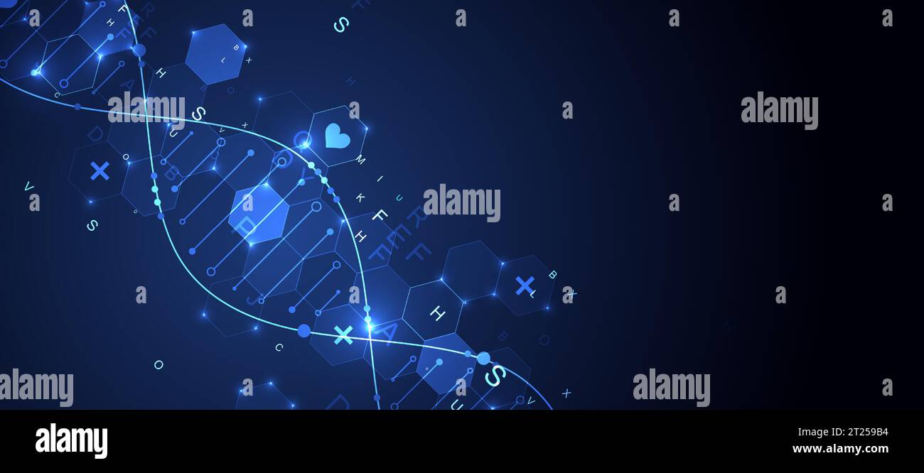 Glowing neon DNA chain. Biotechnology, biochemistry, science, medicine ...