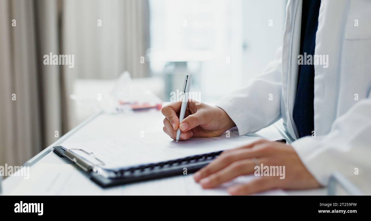 Doctor, hands and writing on checklist at desk for health, information ...