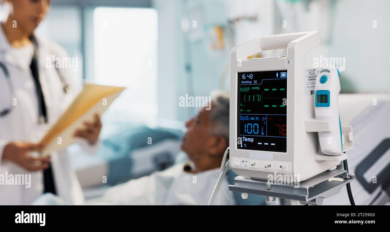 Patient, doctor and heart monitor, health and help with advice, vital ...