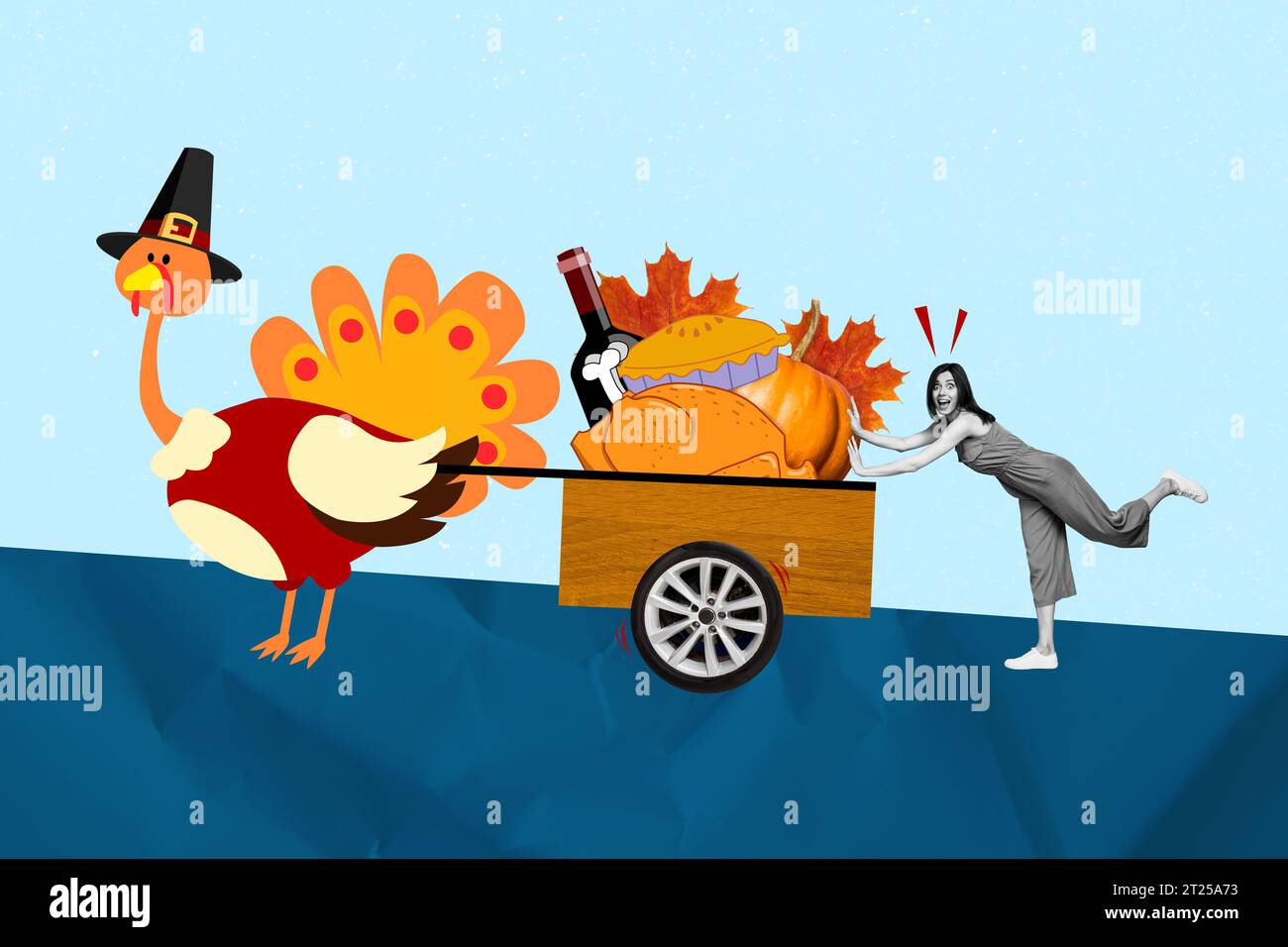 Collage picture of excited mini black white colors girl push up hill ...