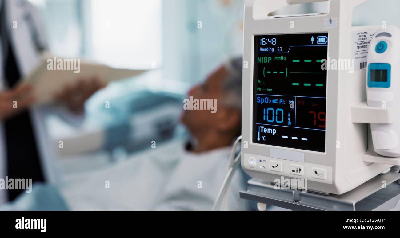 Patient, doctor and heart monitor, health and help with advice, vital ...