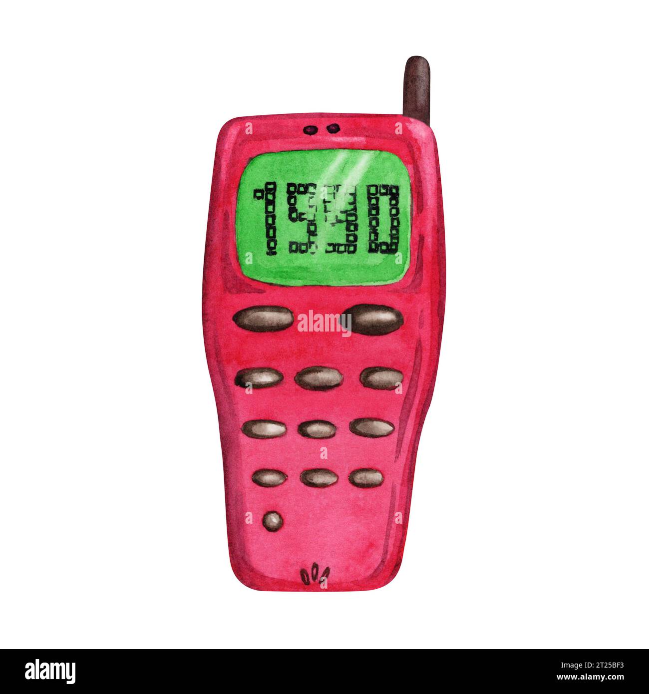 Pink mobile phone with green screen displaying 1990. Hand drawn ...