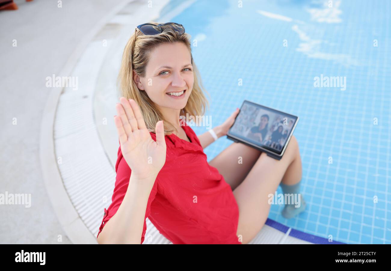 Portrait of lovely woman talk friends online via video call from ...