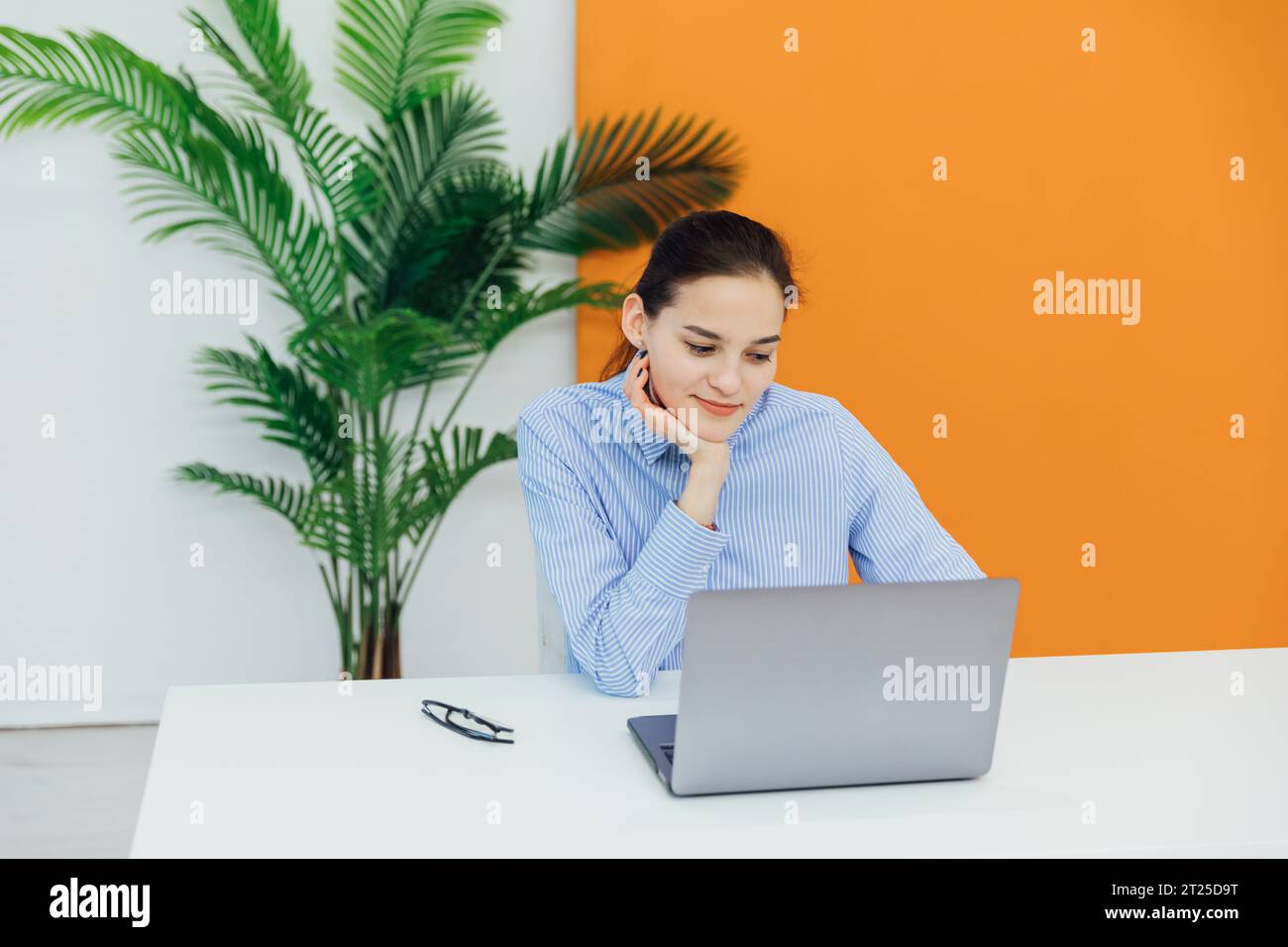 remote work woman communicates via skype online communication internet ...