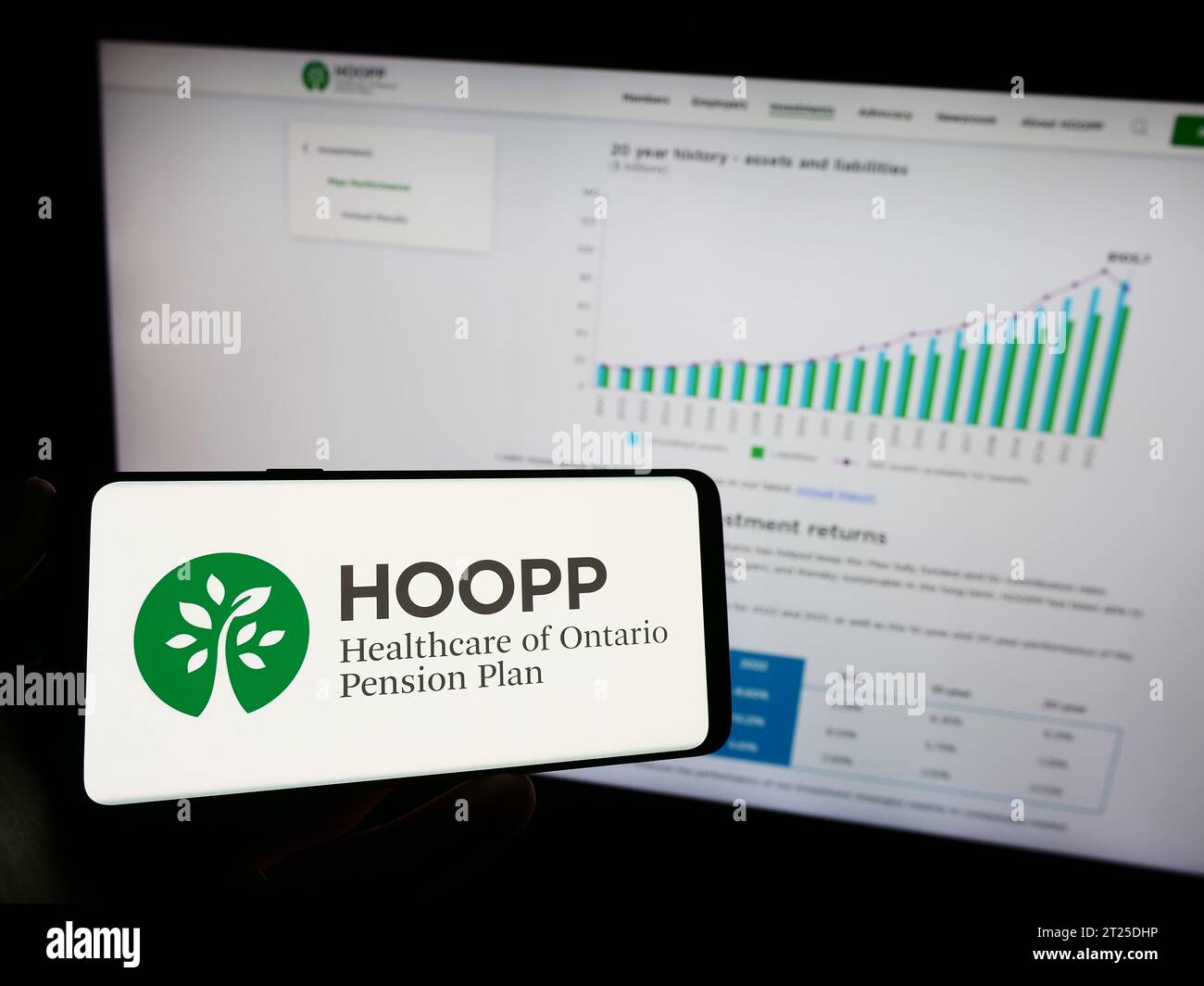 Person holding mobile phone with logo of Healthcare of Ontario Pension ...