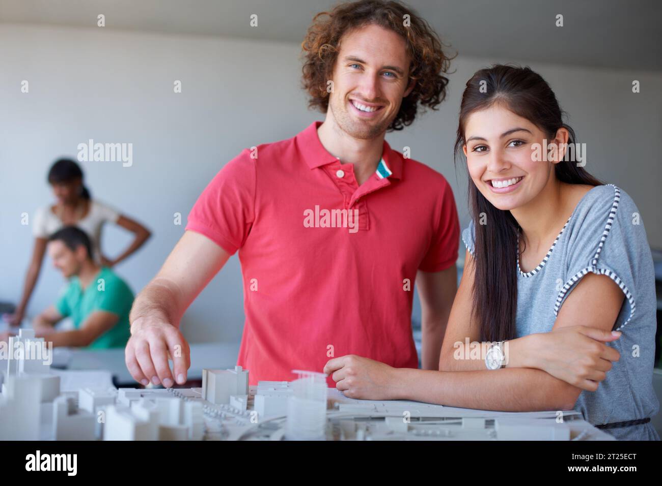 Architecture model, team portrait and happy people planning real estate ...