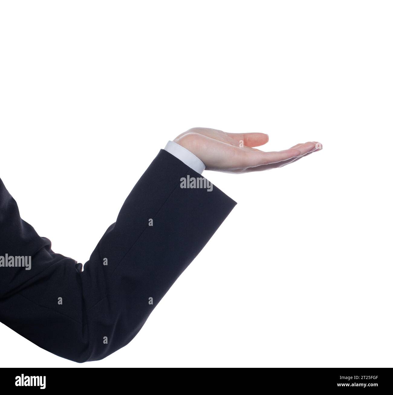 Open palm hand gesture of business person in black formal suit isolated ...