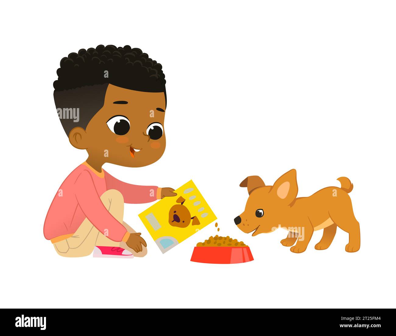 Cute school boy feeding pet puppy. African American boy playing with ...