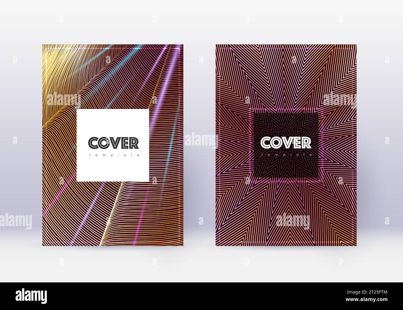 Hipster cover design template set. Gold abstract lines on maroon ...