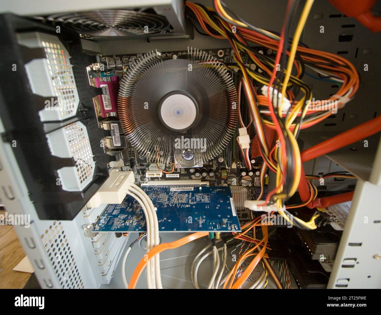 Closeup, computer hardware and cooling system with motherboard, RAM ...