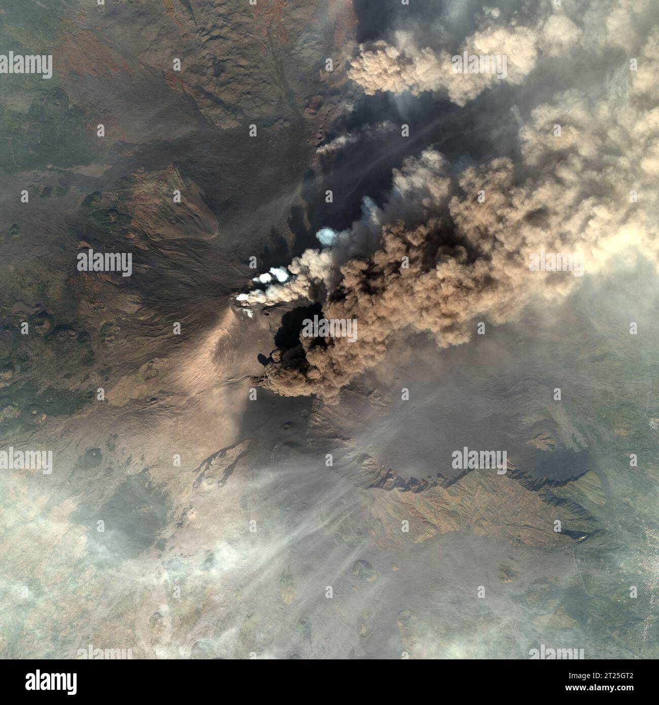 Volcano, aerial landscape and environment with satellite image and ...