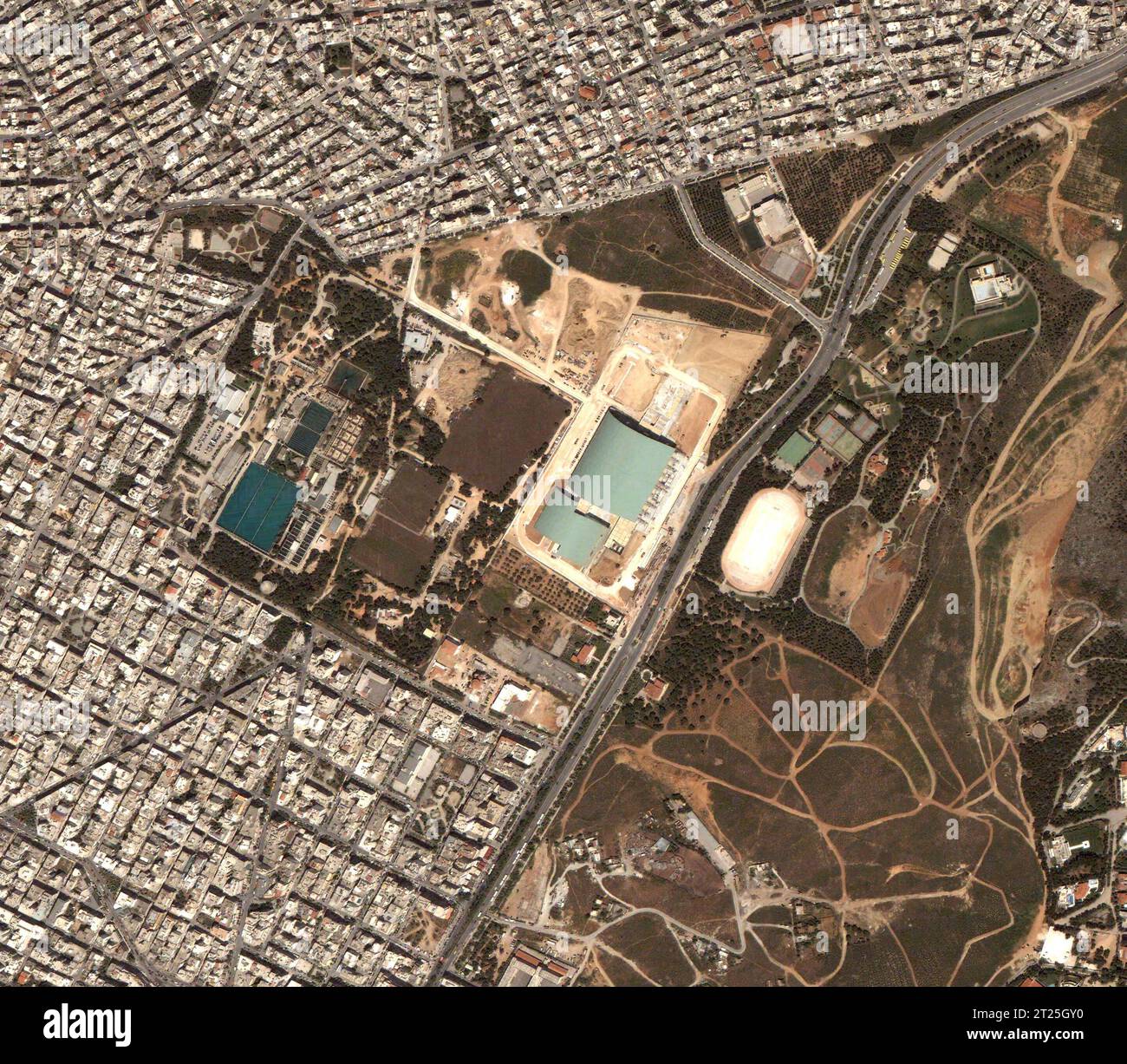 Location, buildings and top view of earth map with nature, road and ...