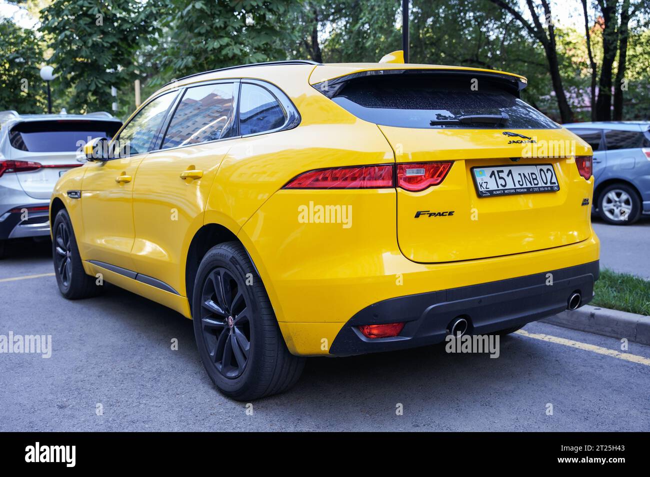 Almaty, Kazakhstan - August 17, 2023: The back of the Jaguar F-Pace car ...