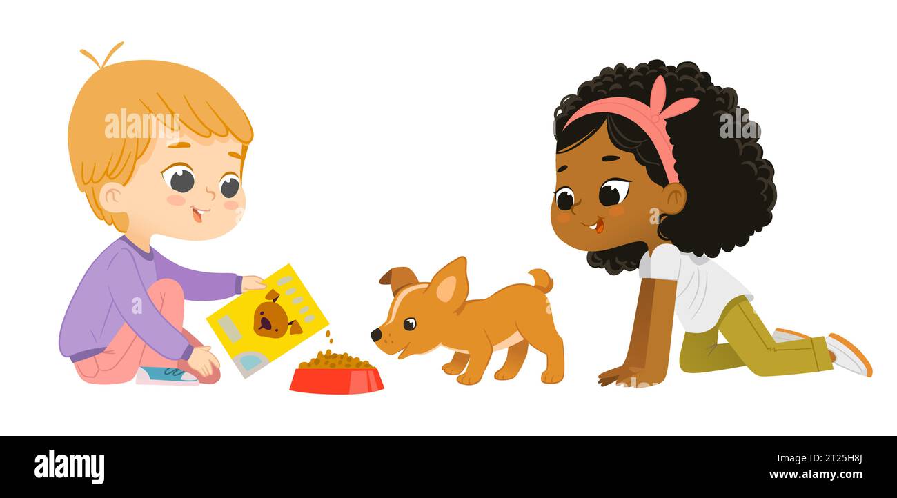Multicultural school friends feeding pet puppy. Boy and girl playing ...